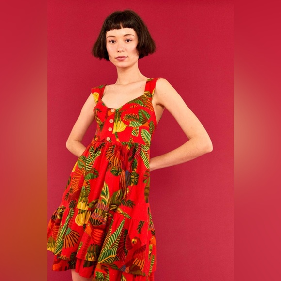 FARM Rio | Dresses | Farm Rio Forest Birds Tiered Linen Blend Dress In ...